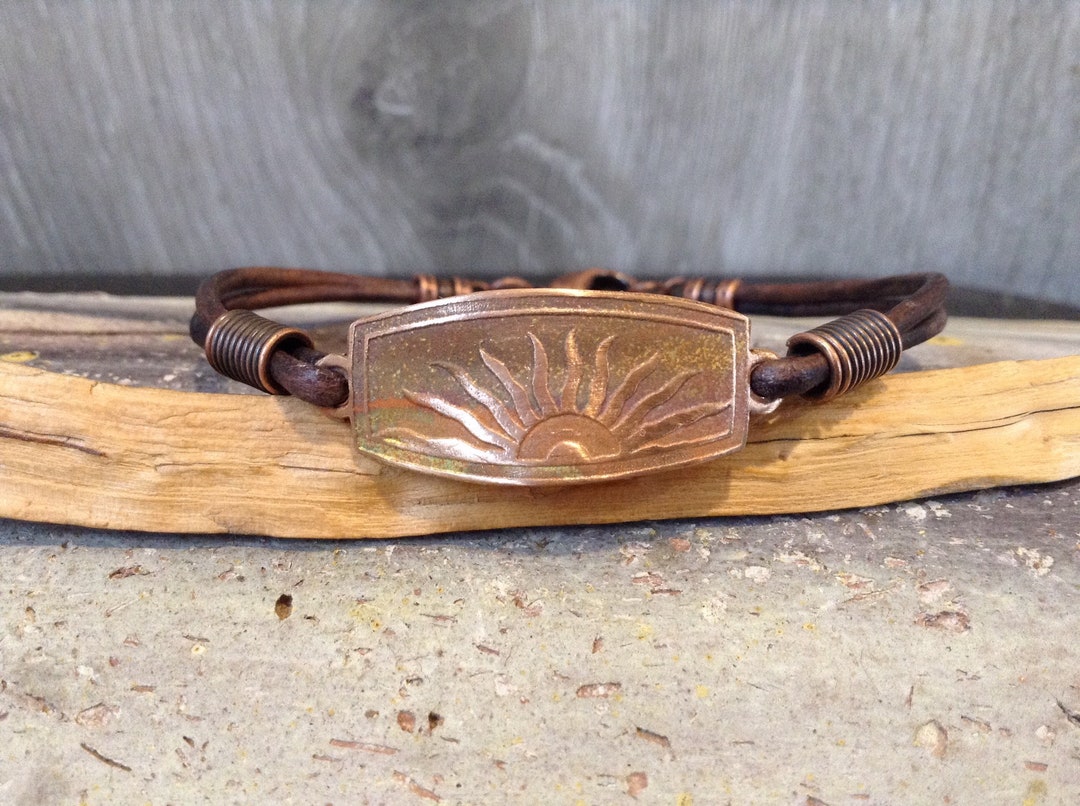 Sunset Sunrise Bracelet, Artisan Leather Bracelet, Copper Sun, Copper ...
