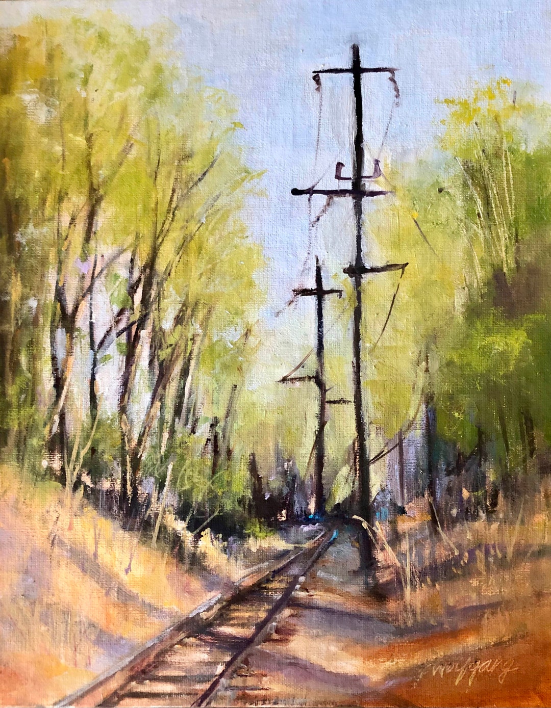 Original Oil Painting Vertical Train Track Shadows Light Trees ...
