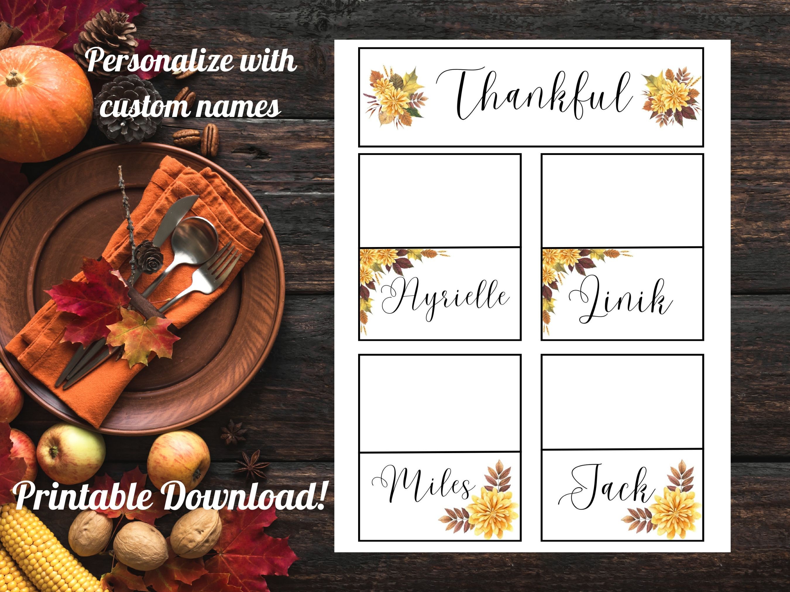 Thanksgiving Table Place Card Printable Personalized Custom Name Fall ...