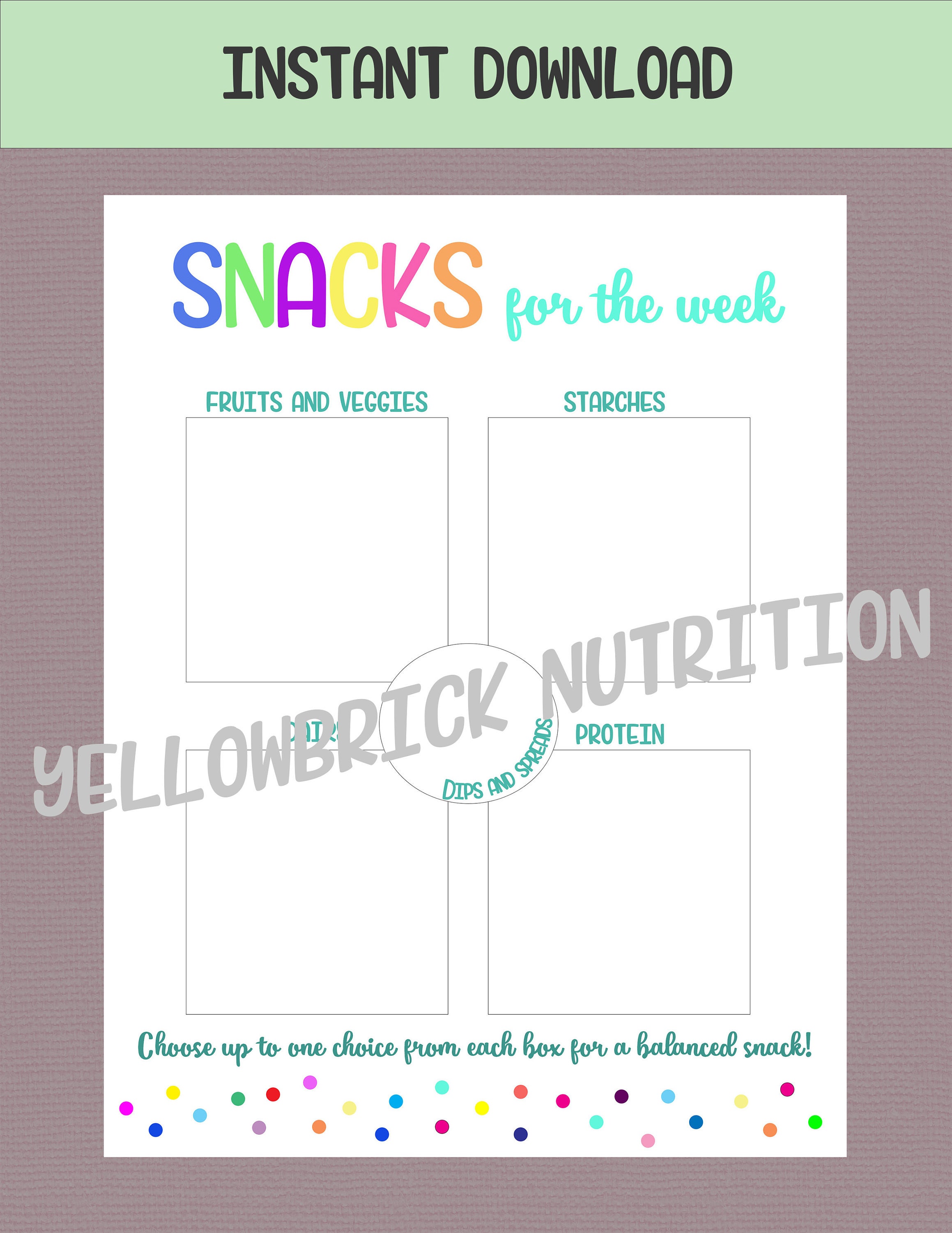Printable 'snacks for the Week' List, Rainbow Weekly Kid Snack Choices ...