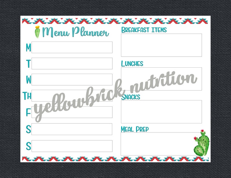 Watercolor Cactus Menu Planner, 8.5 X 11 PDF, Instant Download, Meal ...