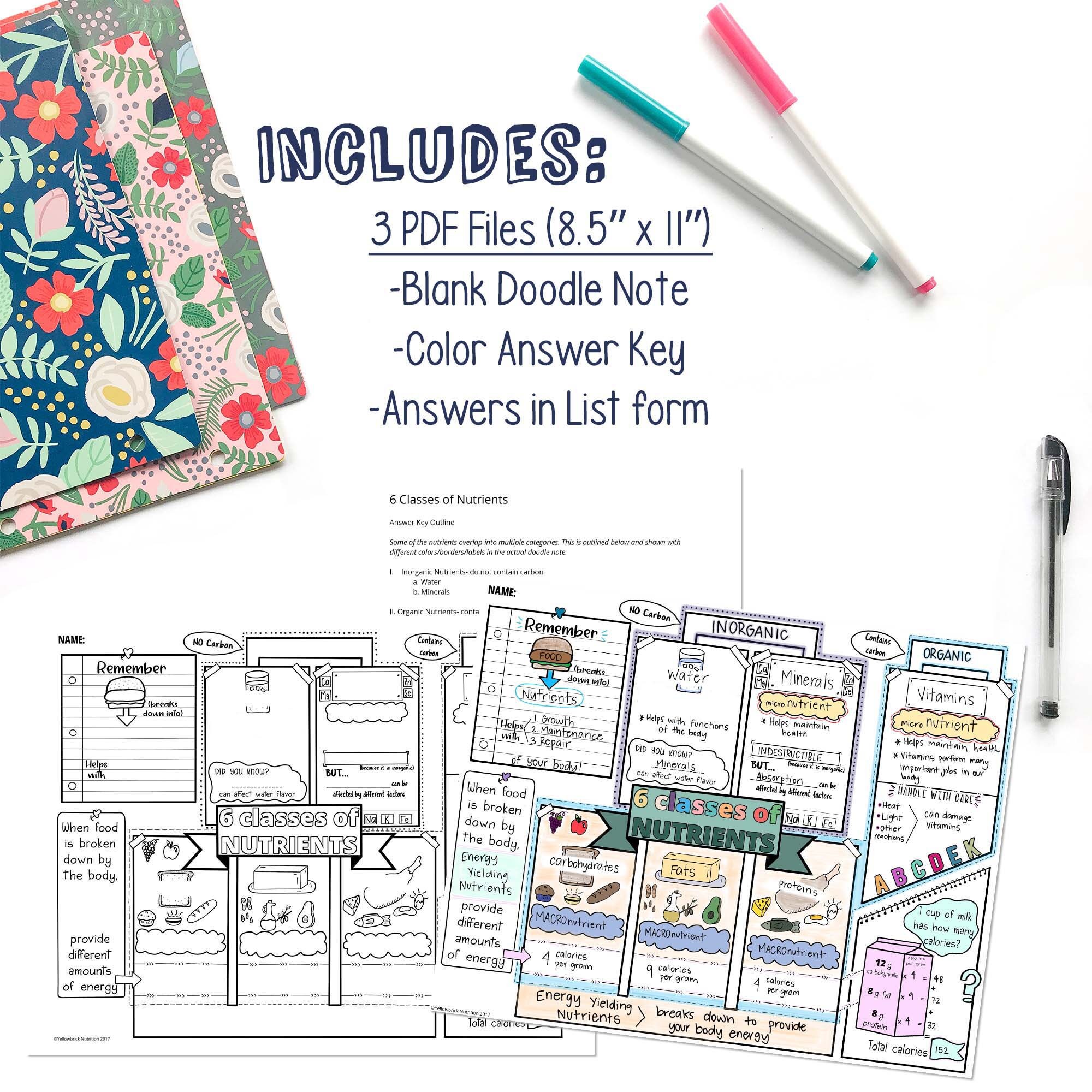 6 Classes of Nutrients Doodle Note, Nutrition Lesson Plan, Color ...