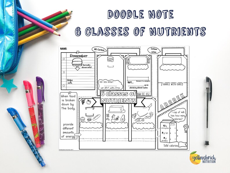 6 Classes of Nutrients Doodle Note, Nutrition Lesson Plan, Color ...