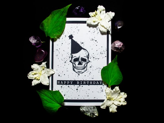 Gothic happy birthday skull card Spooky skull with party hat | Etsy