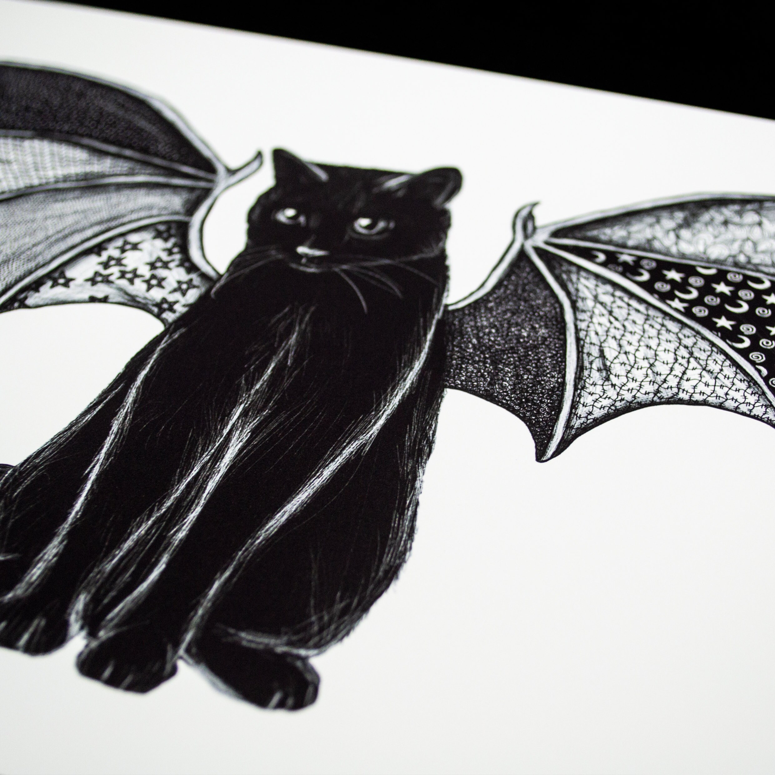 Cute and Spooky Bat Cat Art Print Intricate Patterned and - Etsy