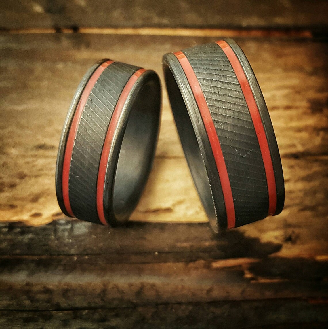 Serrated Ring Set Inset Red Edge Lines Textured Center | Etsy