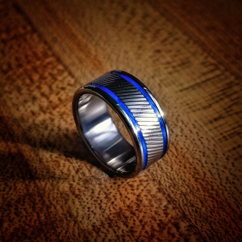 Serrated Titanium Ring. Two Colored Line Inlays Textured - Etsy