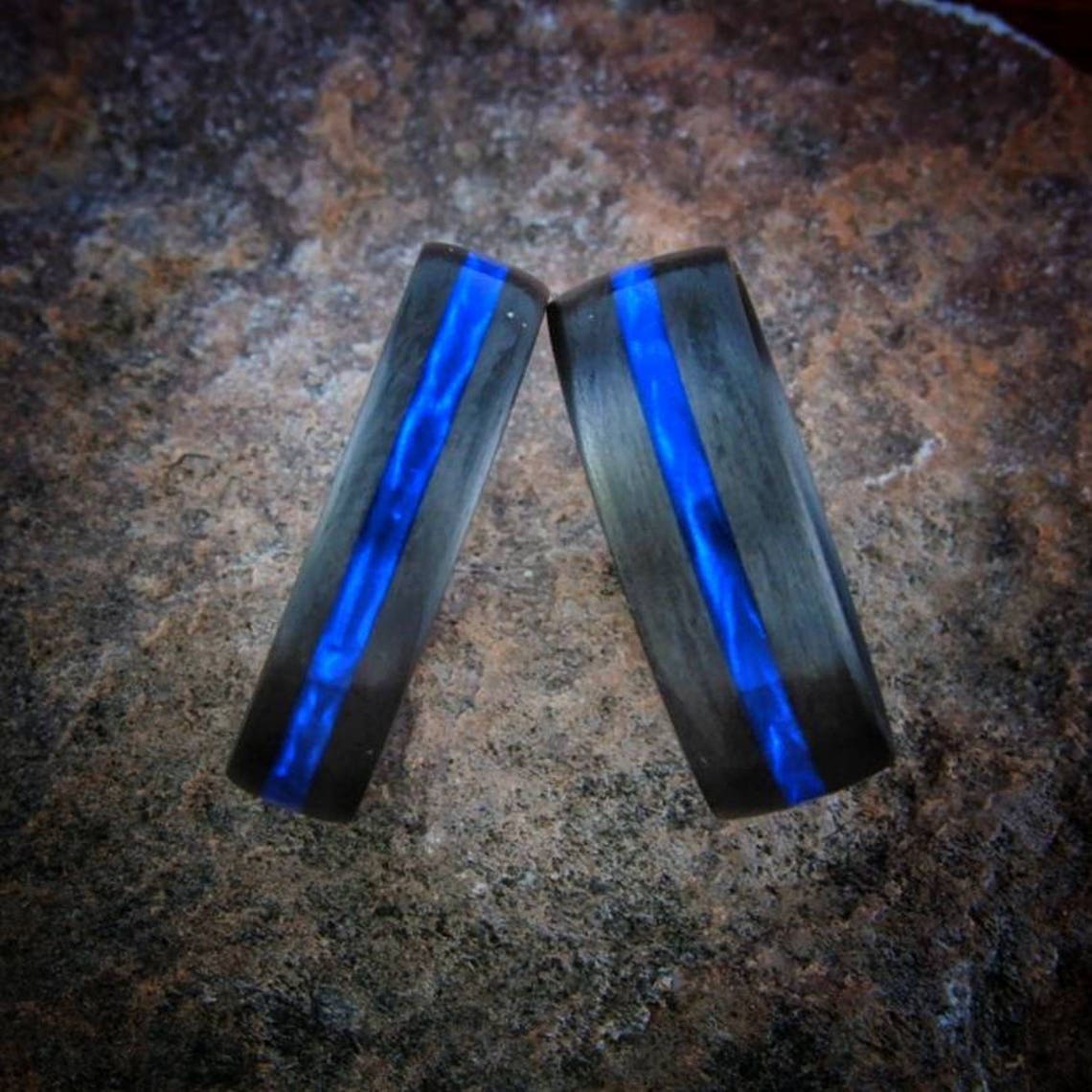 Thin Blue Line Carbon Fiber Wedding Band Set Police Wedding - Etsy