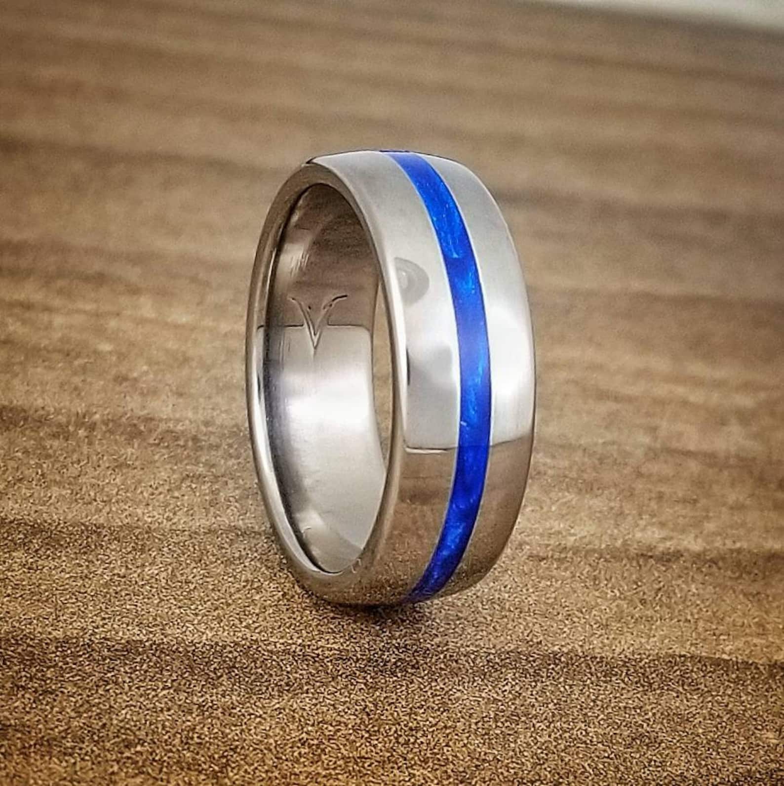 Thin Blue Line Titanium Ring. Centered Colored Line Inlay | Etsy