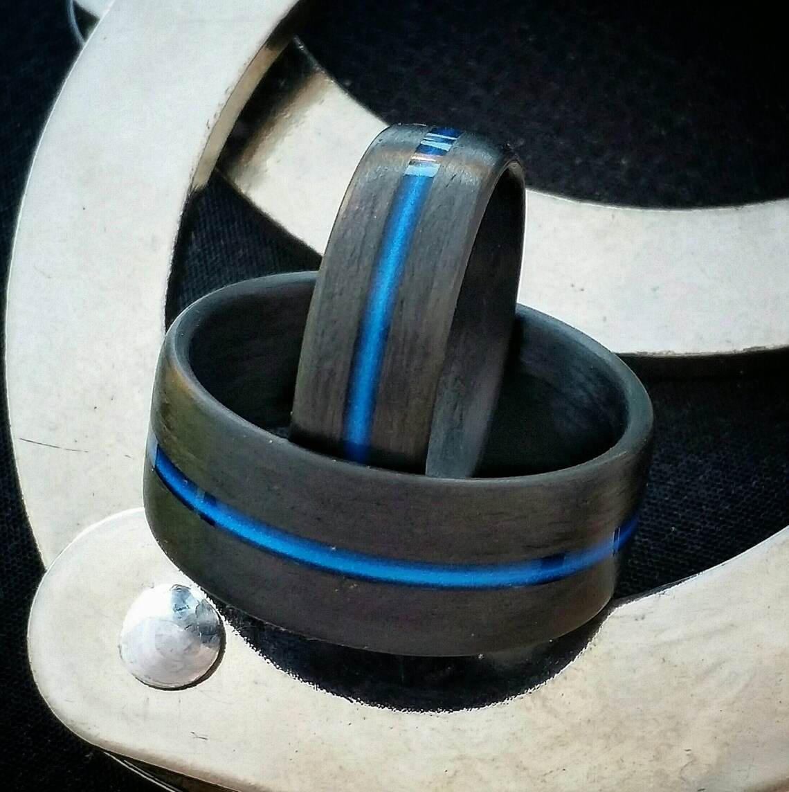 Thin Blue Line Carbon Fiber Wedding Band Set Police Wedding | Etsy