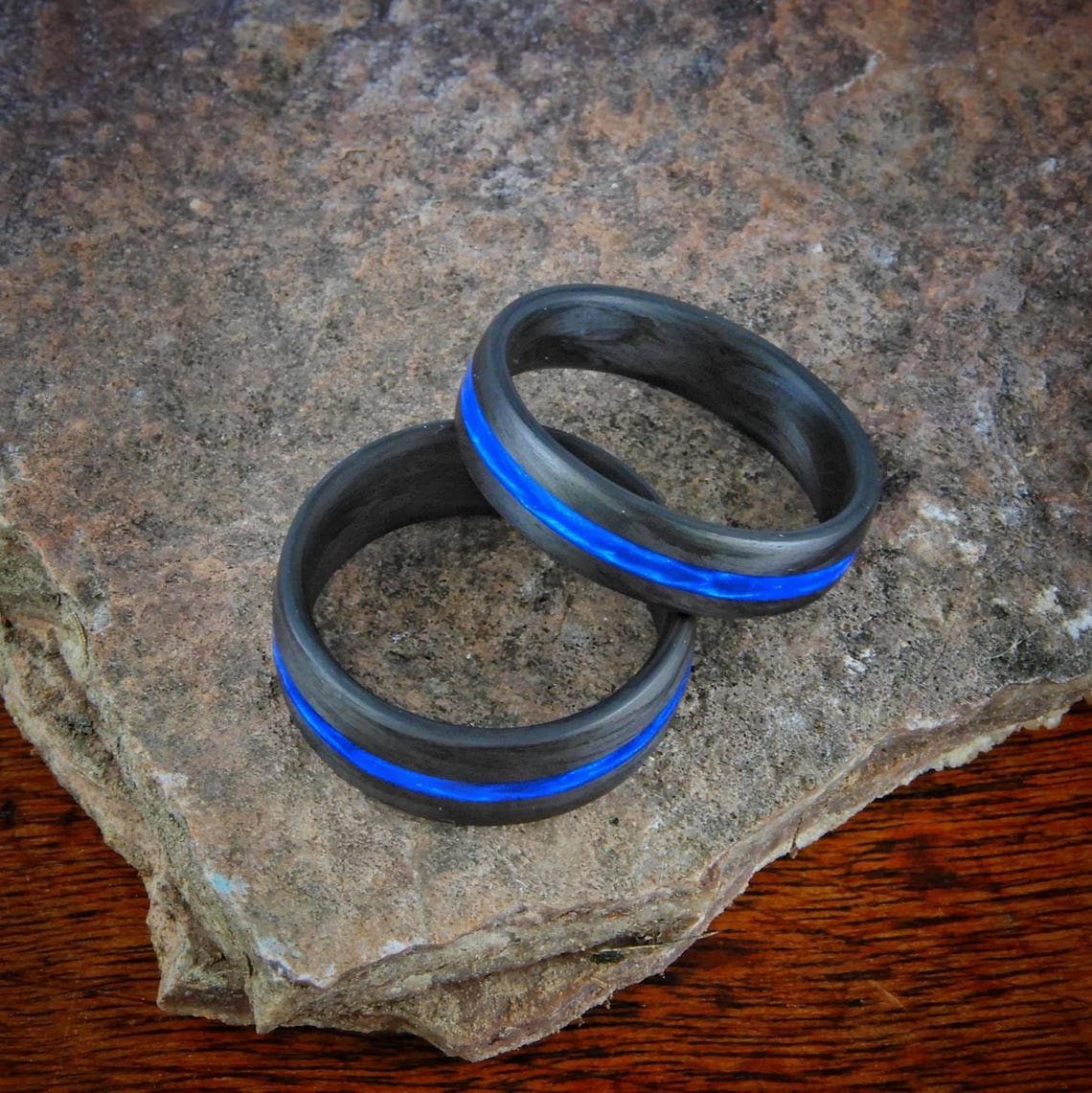 Thin Blue Line Carbon Fiber Wedding Band Set Police Wedding - Etsy