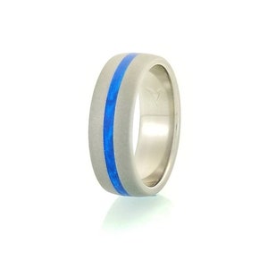 Thin Blue Line Titanium Ring: Dark Matter Finish, Comfort Fit Wedding ...