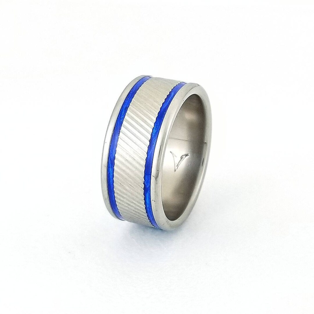 Serrated, Titanium Ring. Two Colored Line Inlays, Textured Center, 9mm ...
