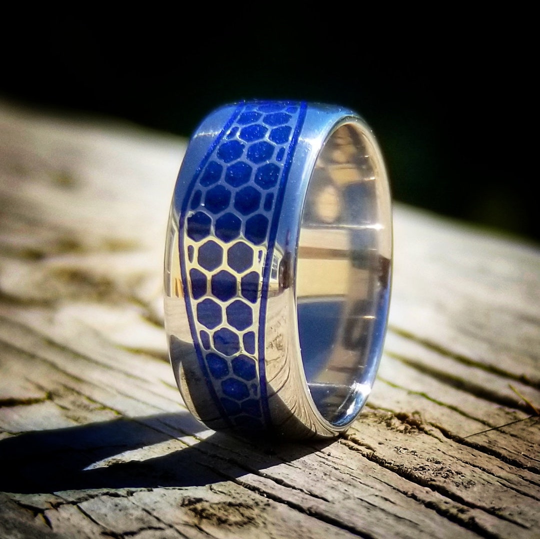 Indigo and Honeycomb Polished Titanium, 9mm Wide, Luxury Ring, Classy ...