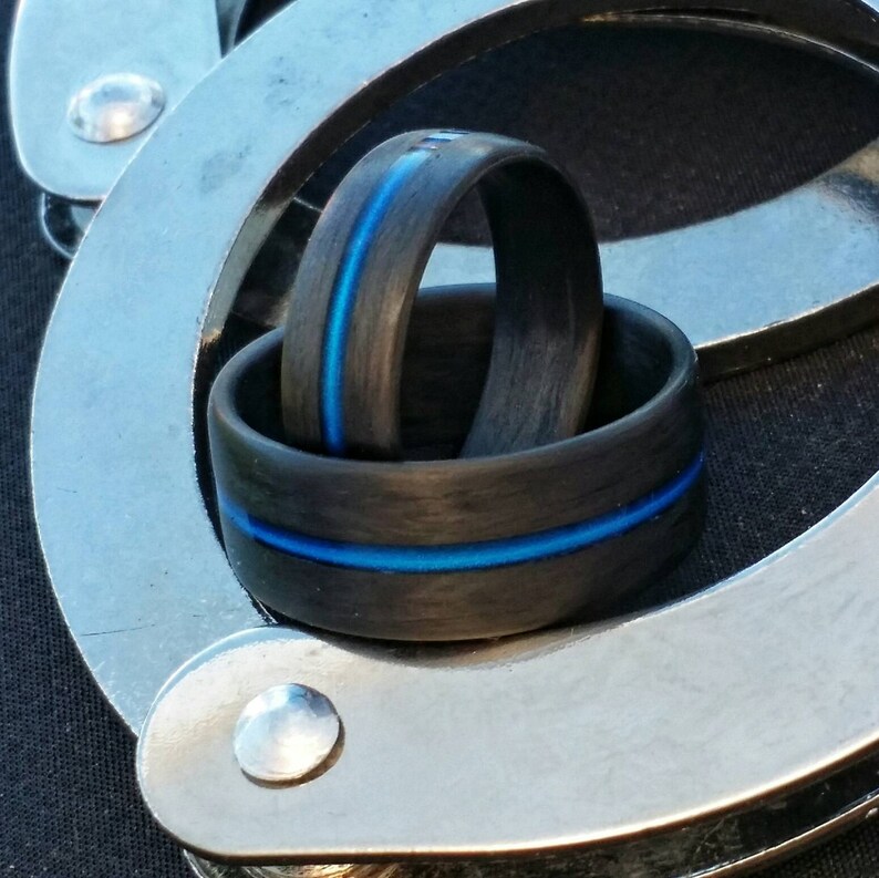 Thin Blue Line Carbon Fiber Wedding Band Set Police Wedding - Etsy
