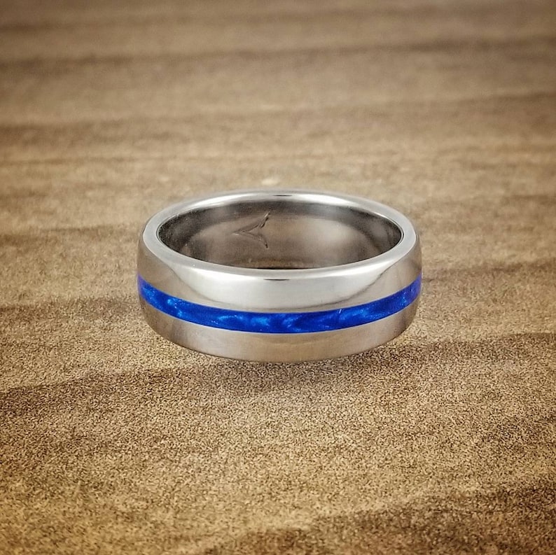 Thin Blue Line Titanium Ring. Centered Colored Line Inlay | Etsy