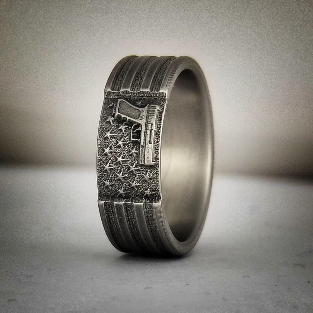 American Flag With Pistol, Titanium Ring. Battleworn Finish, Tough Ring ...