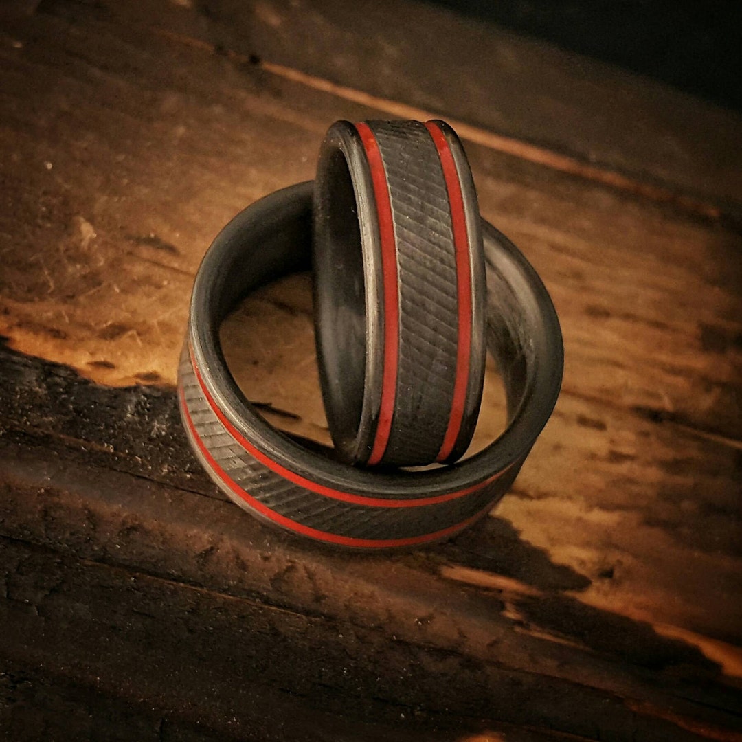 Serrated, Ring Set, Inset Red Edge Lines, Textured Center, Carbon Fiber ...