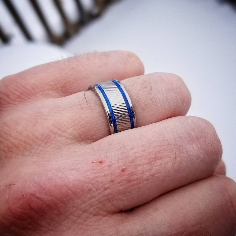 Serrated Titanium Ring. Two Colored Line Inlays Textured - Etsy