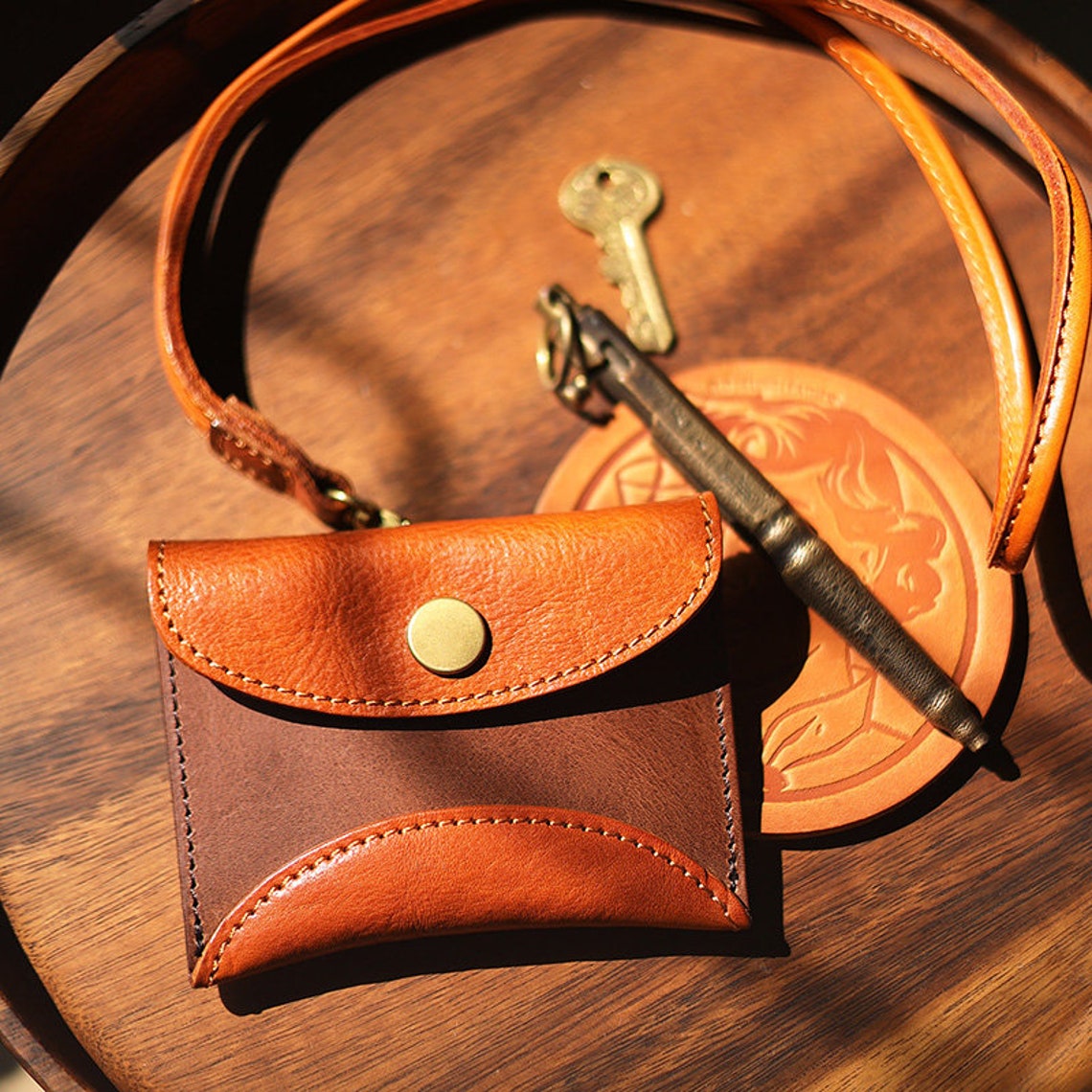 Handmade Real Leather Pouch, Two Colors, Badge Holder, Hanging Neck Bag ...