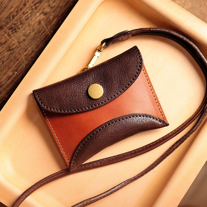 Handmade Real Leather Pouch, Two Colors, Badge Holder, Hanging Neck Bag ...