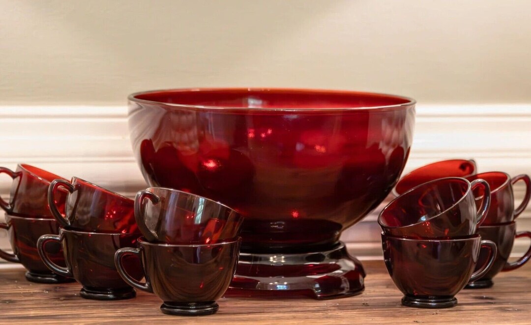 Anchor Ruby Red Glass Punchbowl With 12 Glassees and Stand Rare Find - Etsy