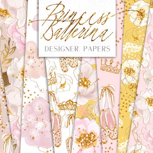 Princess Ballerina Digital Papers Flowers Glitter Gold Crown - Etsy
