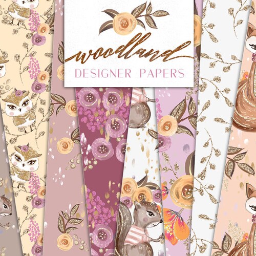 Woodland Digital Papers Fall Graphics Cute Glam Fox Owl | Etsy