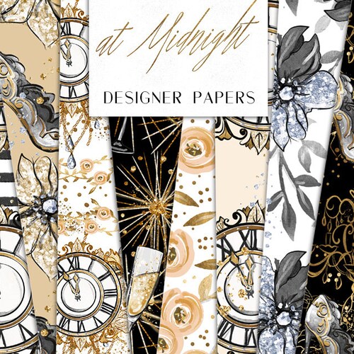 New Year's Eve Digital Paper Clock Champagne Flowers - Etsy