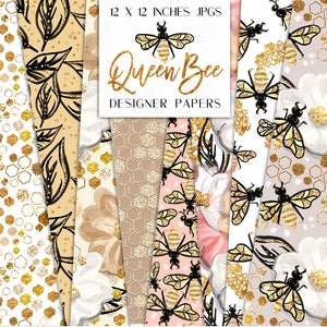 Queen Bee Digital Papers | Bees Honeycomb Flowers Gold Foil Glitter ...