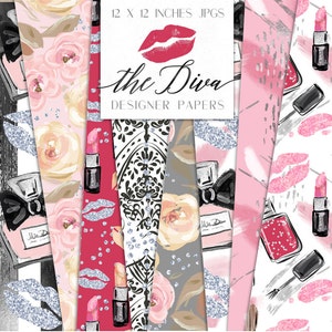 Beauty Digital Papers Fashion Diva Make up Lip Stick Kisses French ...