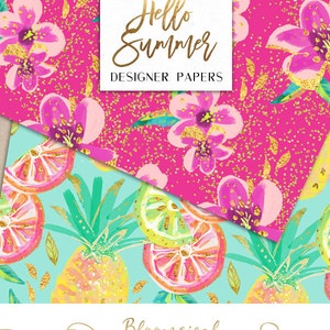 Summer Digital Papers Tropical Pineapple Lemon Oranges Cocktail Flowers ...
