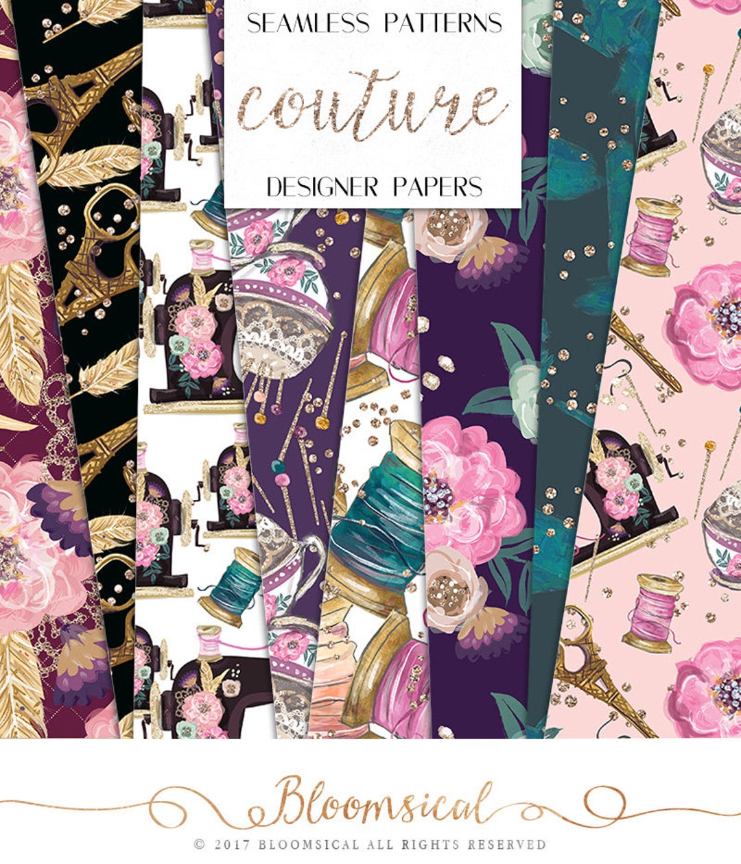 Couture Sewing Craft Digital Paper Pack Bobbin Thread Scissors Seamless ...