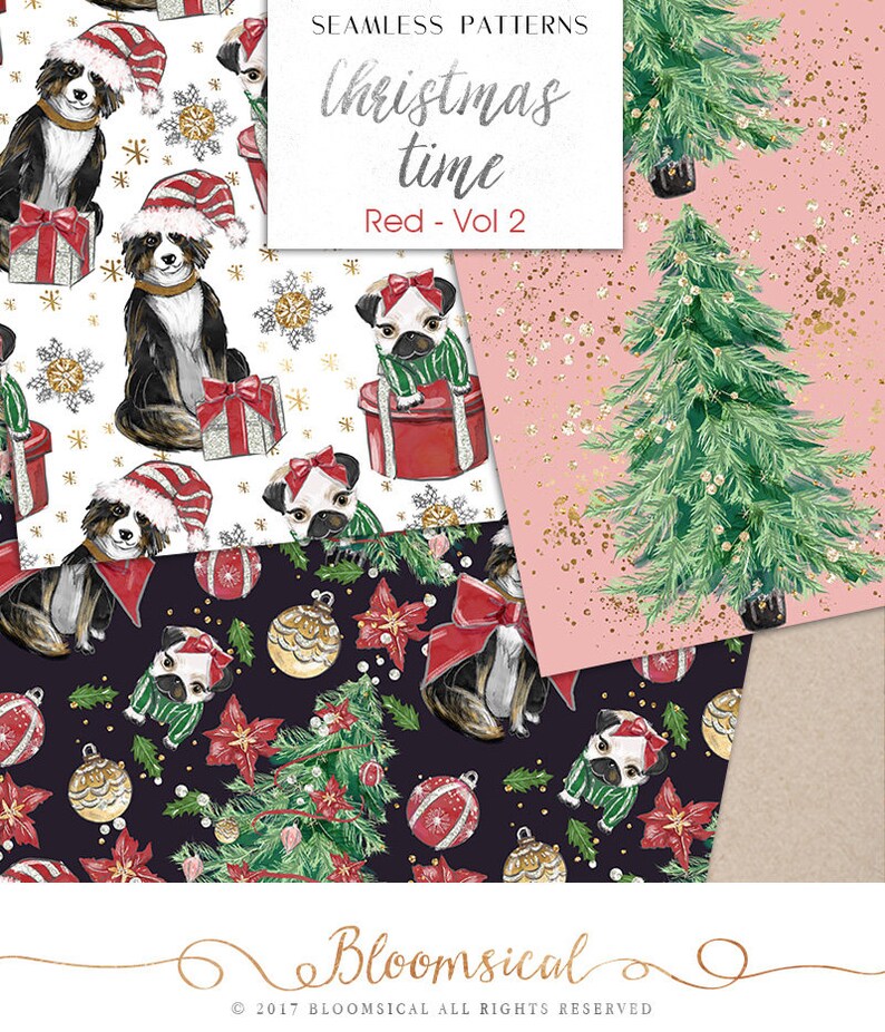 Christmas Digital Paper Holidays Tree Decoration Gifts Dogs Winter Red ...