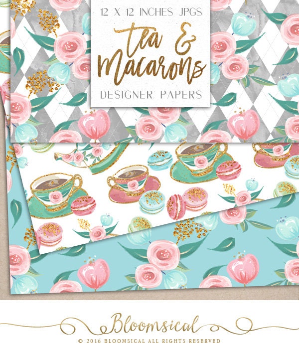 Macarons Tea Party Digital Papers Flowers Pastry High Tea - Etsy