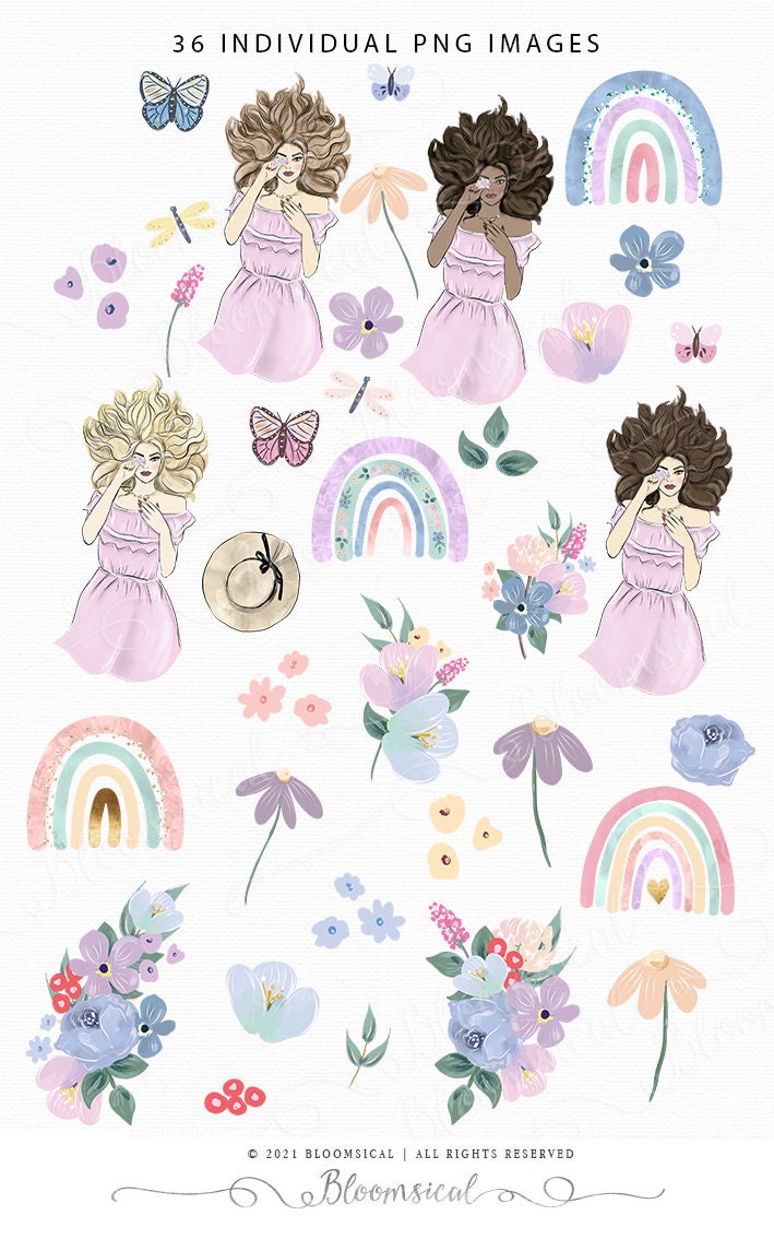 Over the Rainbow Clip Art Flowers Butterflies Sping Summer - Etsy