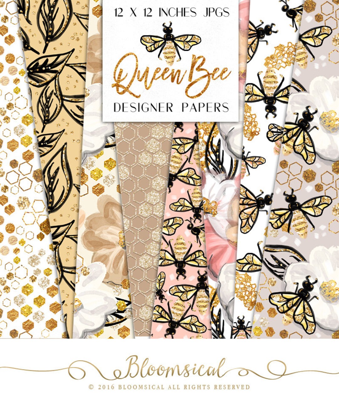 Queen Bee Digital Papers | Bees Honeycomb Flowers Gold Foil Glitter ...