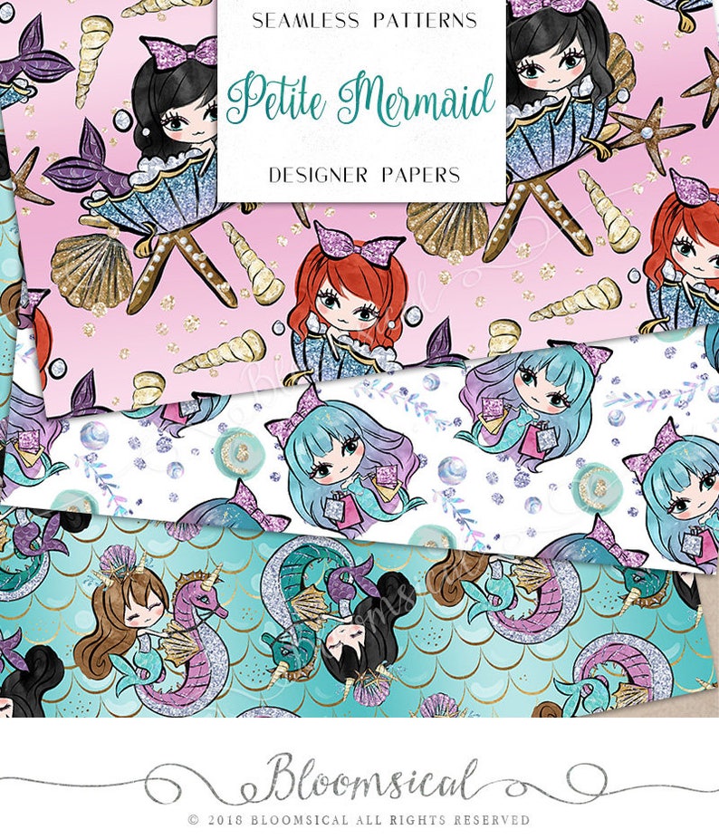 Mermaid Dolls Digital Papers | Mermaid Sea Horse Glitter Scale Seamless ...