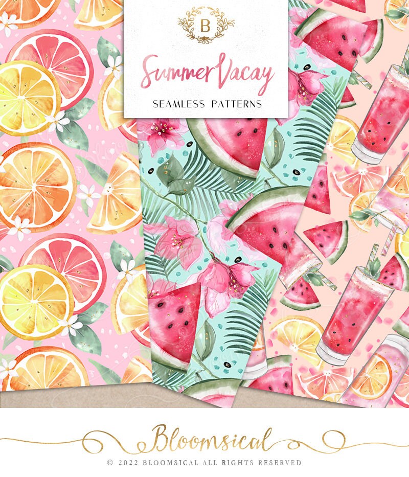 Summer Vacay Digital Papers Watercolor Tropical Vacation | Etsy