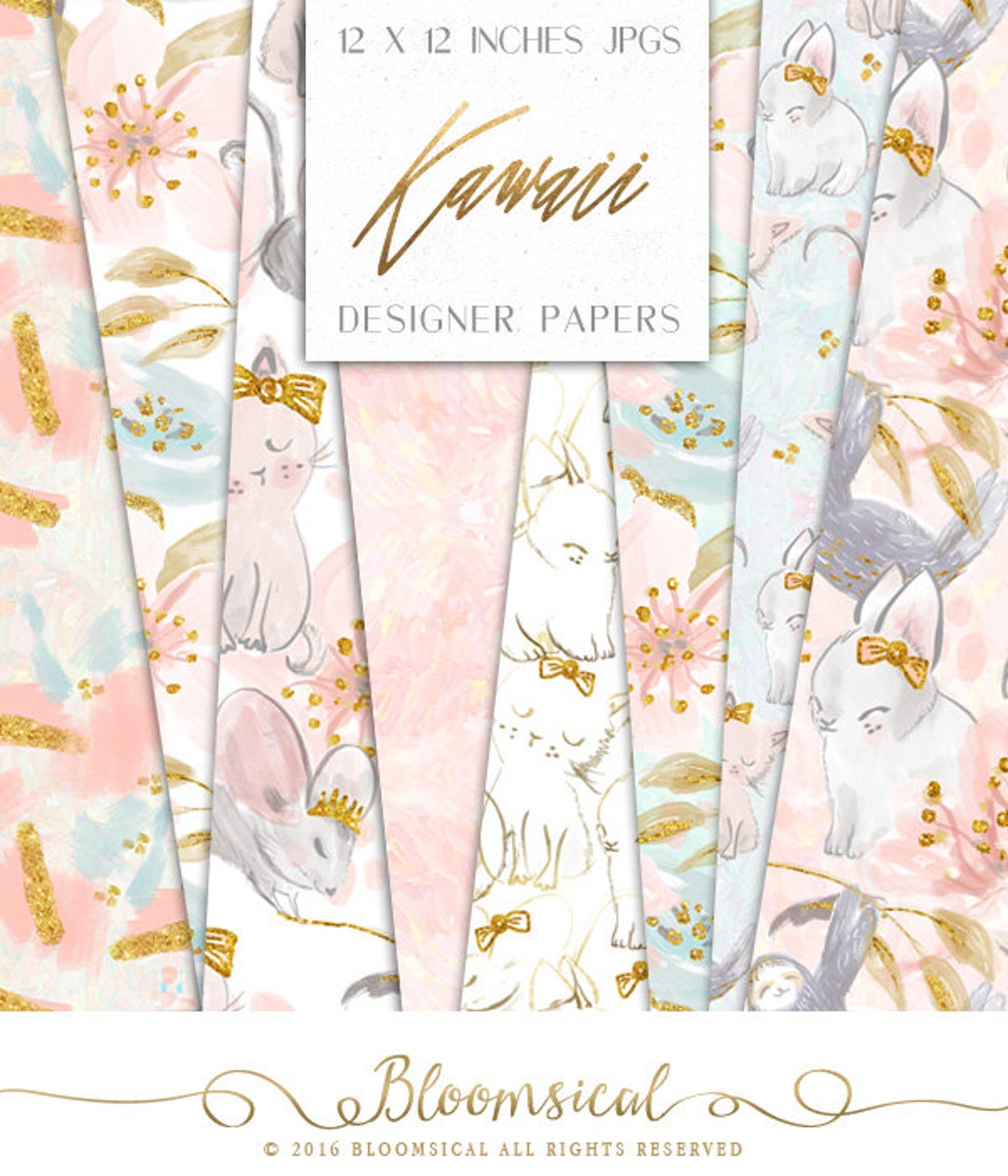 Kawaii Digital Papers | Cute Animals Sloth Kitty Bunny Mouse Hand ...