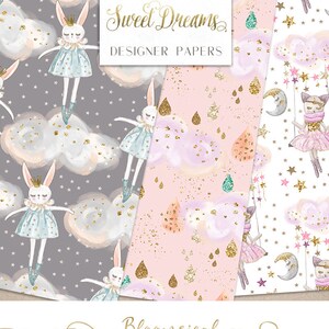 Sweet Dreams Digital Paper Pack Cat Bunny Stars Clouds Moon Kids ...