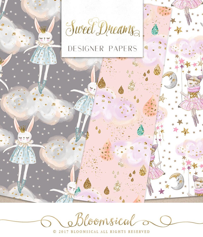 Sweet Dreams Digital Paper Pack Cat Bunny Stars Clouds Moon | Etsy