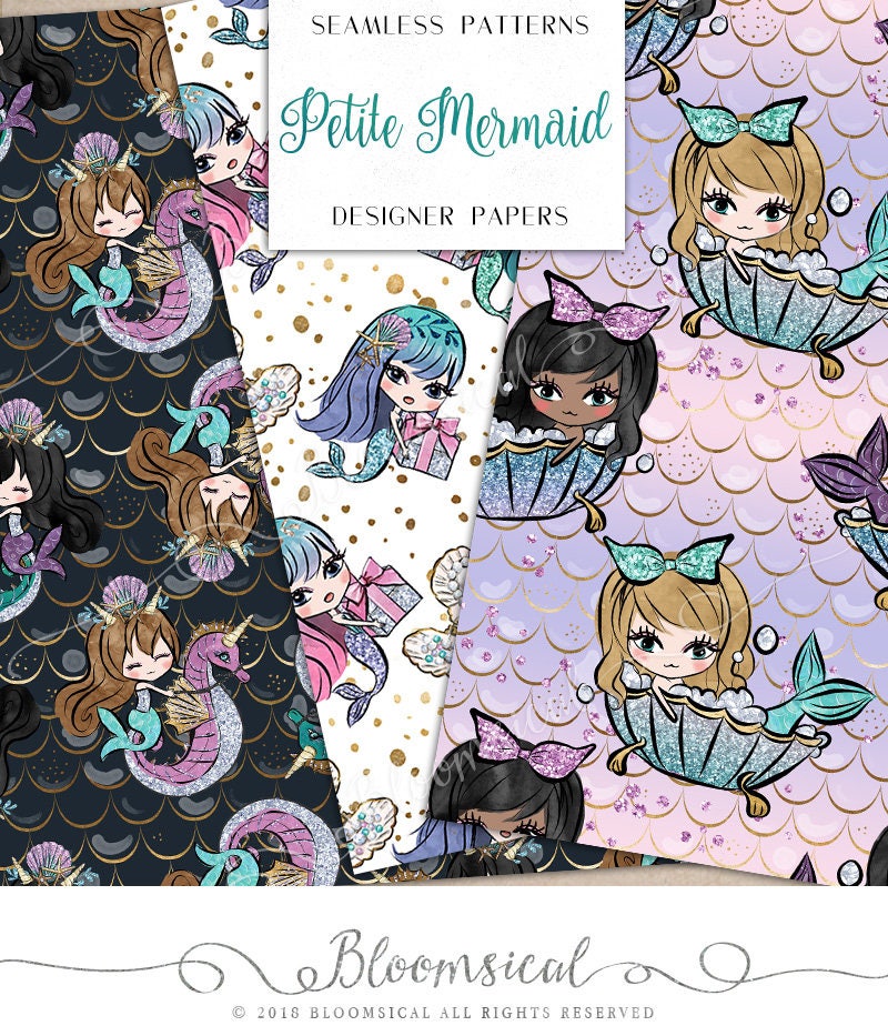 Mermaid Dolls Digital Papers Mermaid sea horse Glitter Scale | Etsy