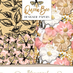 Queen Bee Digital Papers | Bees Honeycomb Flowers Gold Foil Glitter ...
