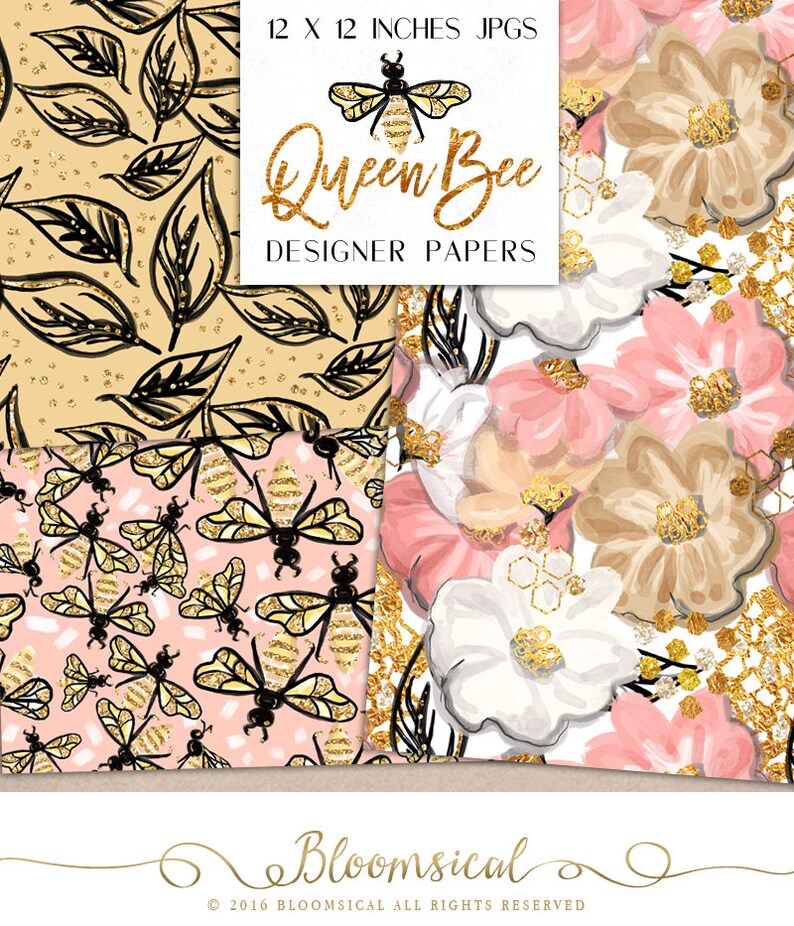 Queen Bee Digital Papers | Bees Honeycomb Flowers Gold Foil Glitter ...