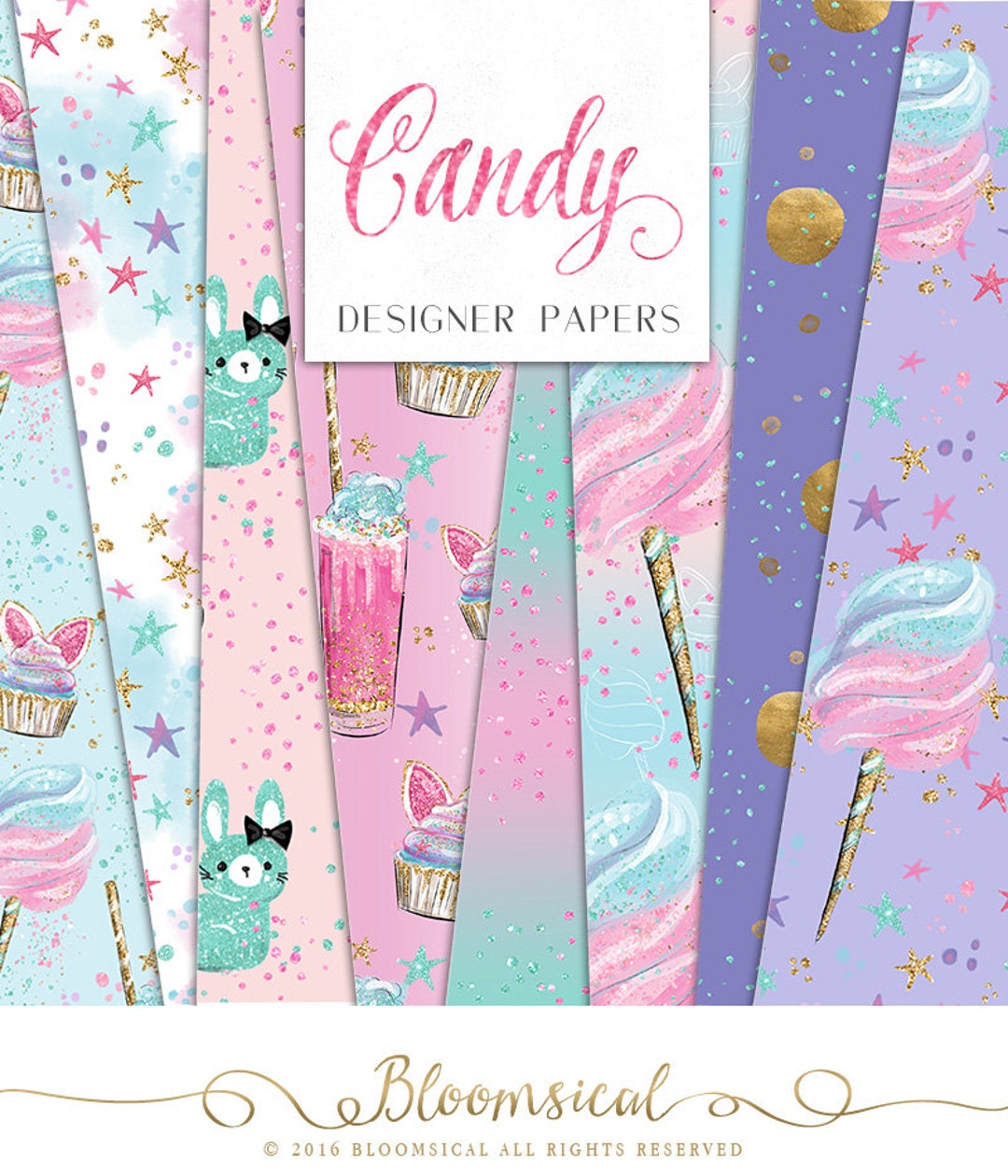 Candy Digital Papers | Sweet Treats Cupcakes Bunny Confetti Glitter ...