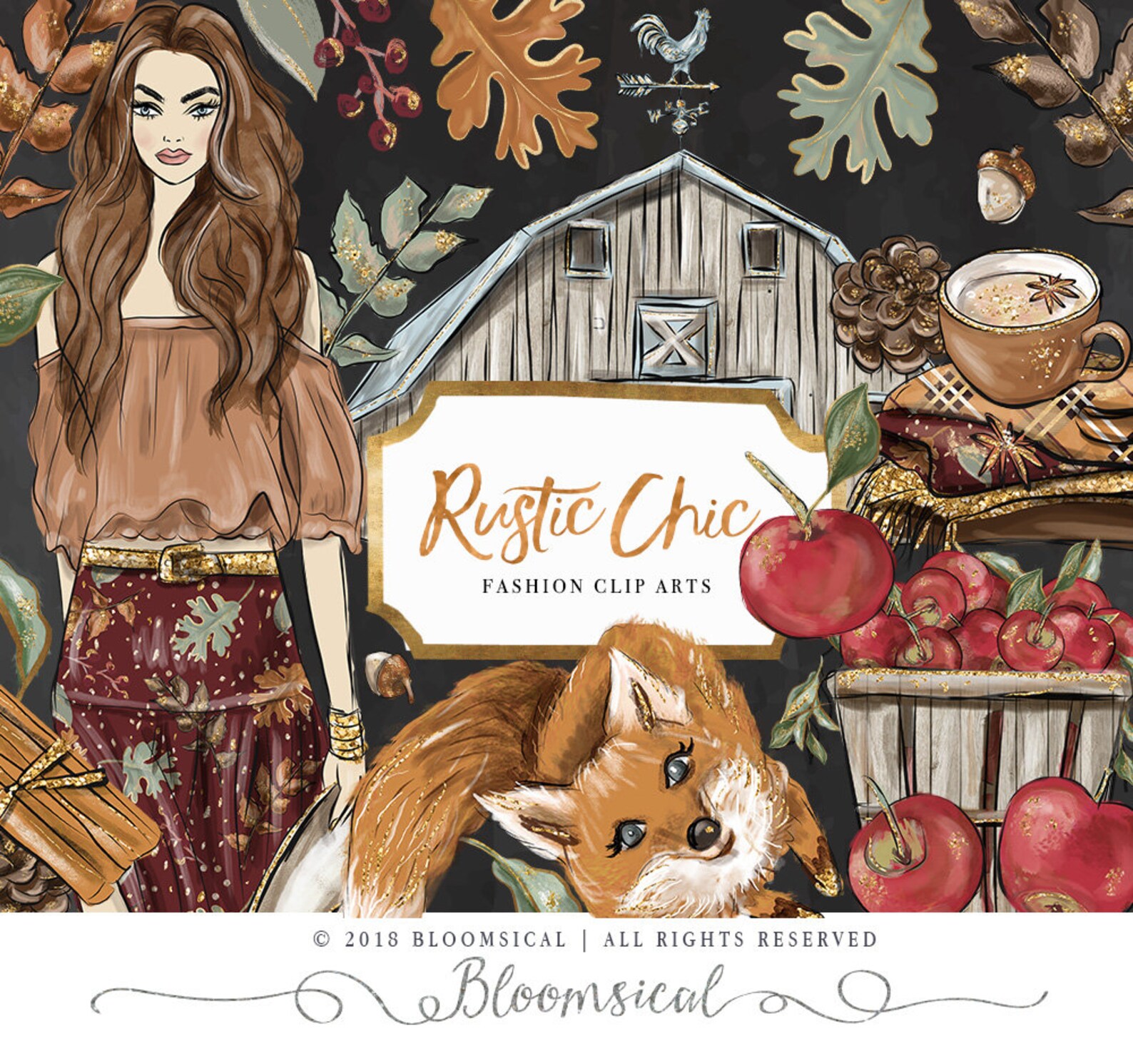 Fall Clip Art Apples Rustic Chic Fashion Girl Fox Autumn | Etsy
