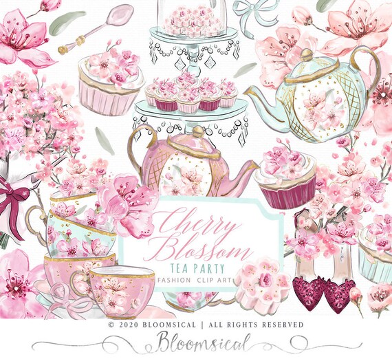 Cherry Blossom Tea Party Clipart Spring Floral Sakura - Etsy