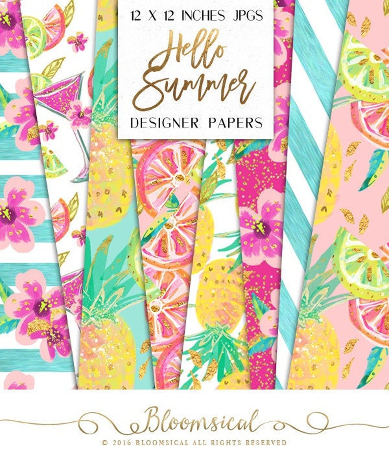 Summer Digital Papers | Tropical Pineapple Lemon Oranges Cocktail ...