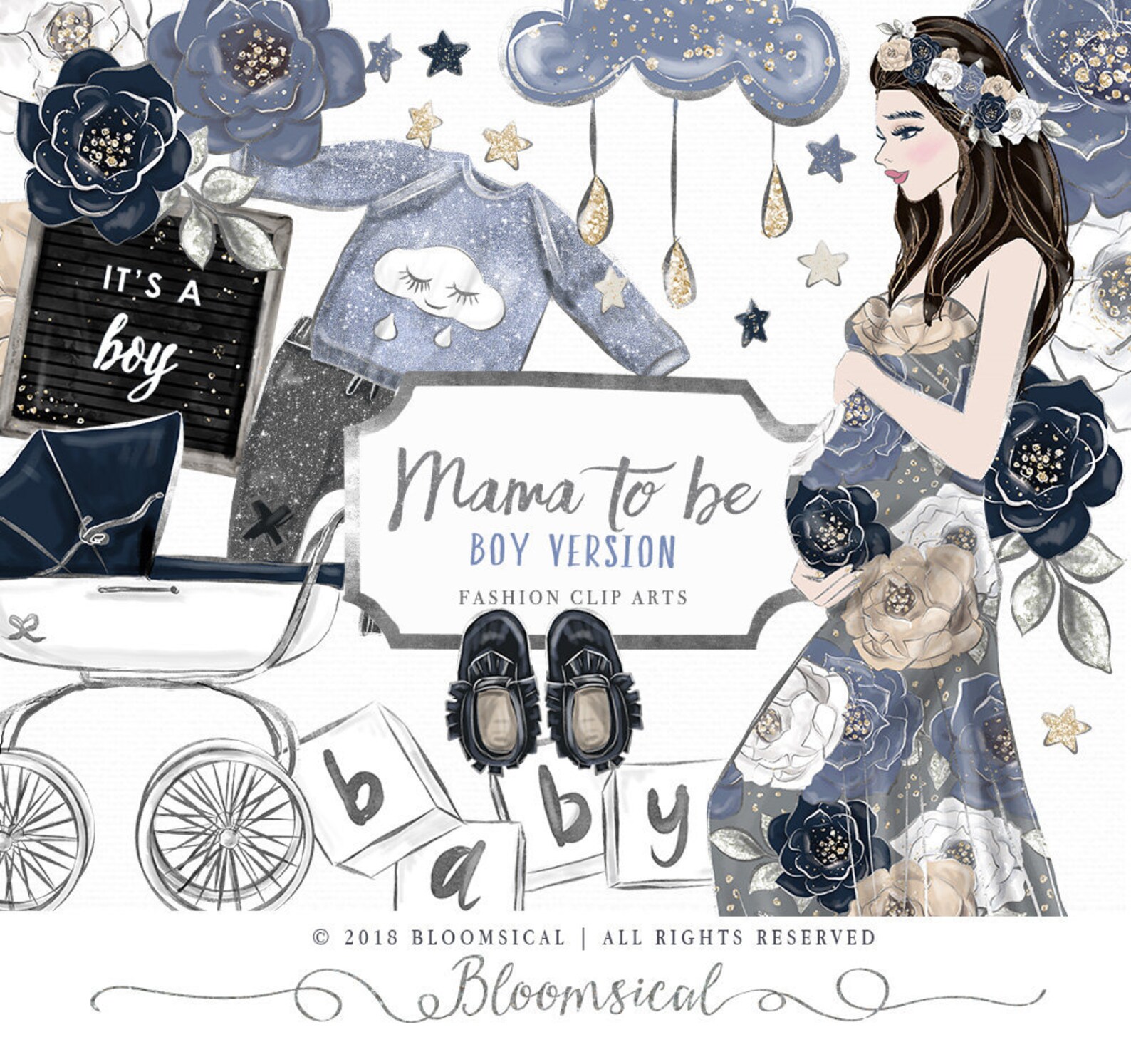 Mother to Be Clip Art Pregnant Baby Boy Silver Gold Glitter | Etsy